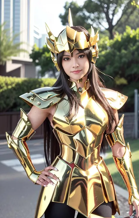 A woman in a gold armor costume posing for a picture - SeaArt AI