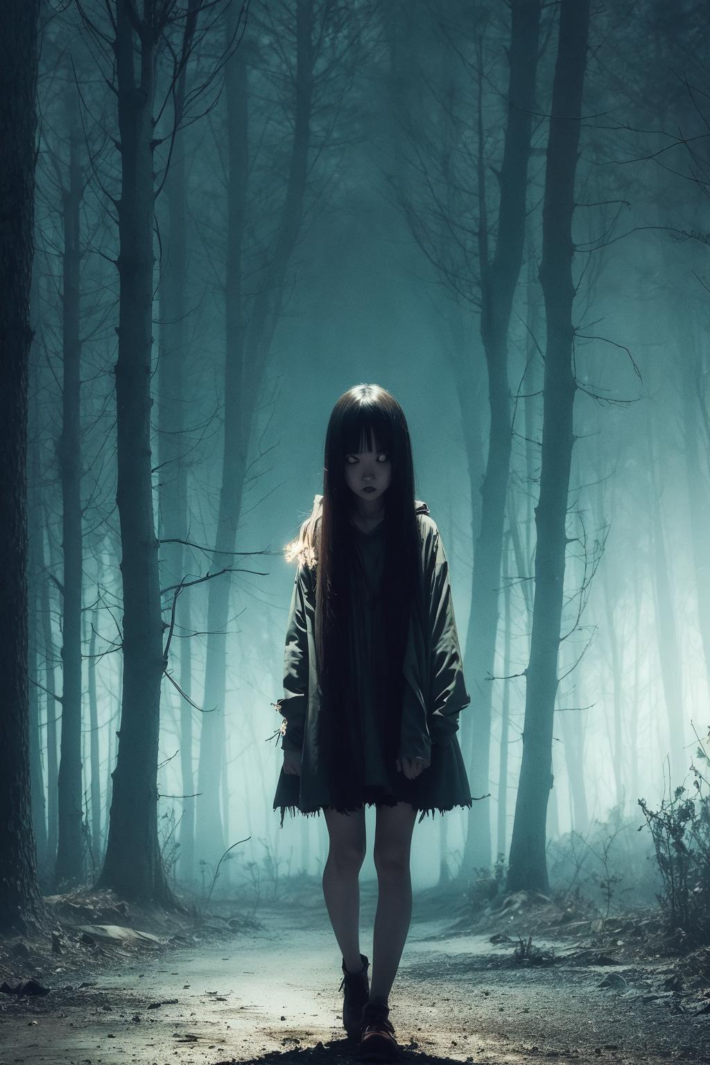 A woman standing in the middle of a forest with a creepy look - SeaArt AI