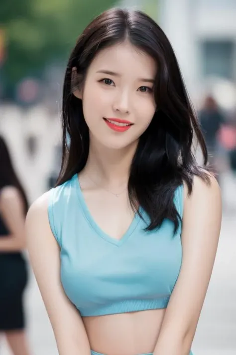 A woman in a blue top and skirt posing for a picture - SeaArt AI