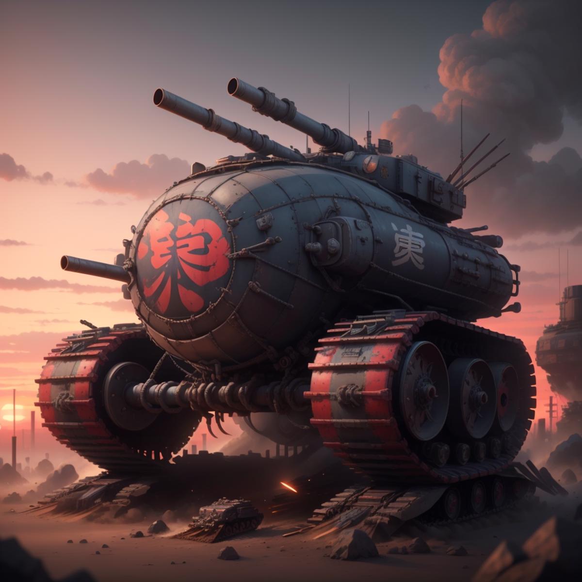 A close up of a tank on a train track near a sunset - SeaArt AI