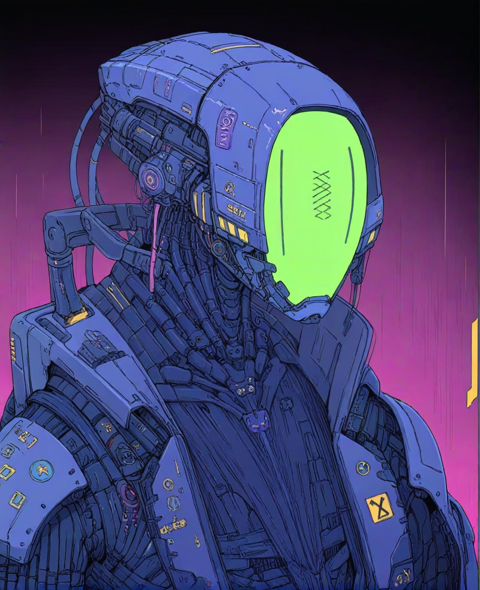 A close up of a robot with a green head and a purple background - SeaArt AI