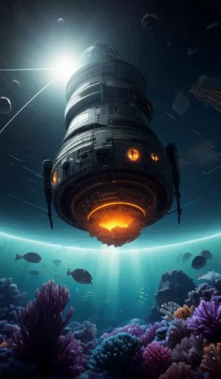 A spaceship floating over a coral reef with a bright light - SeaArt AI