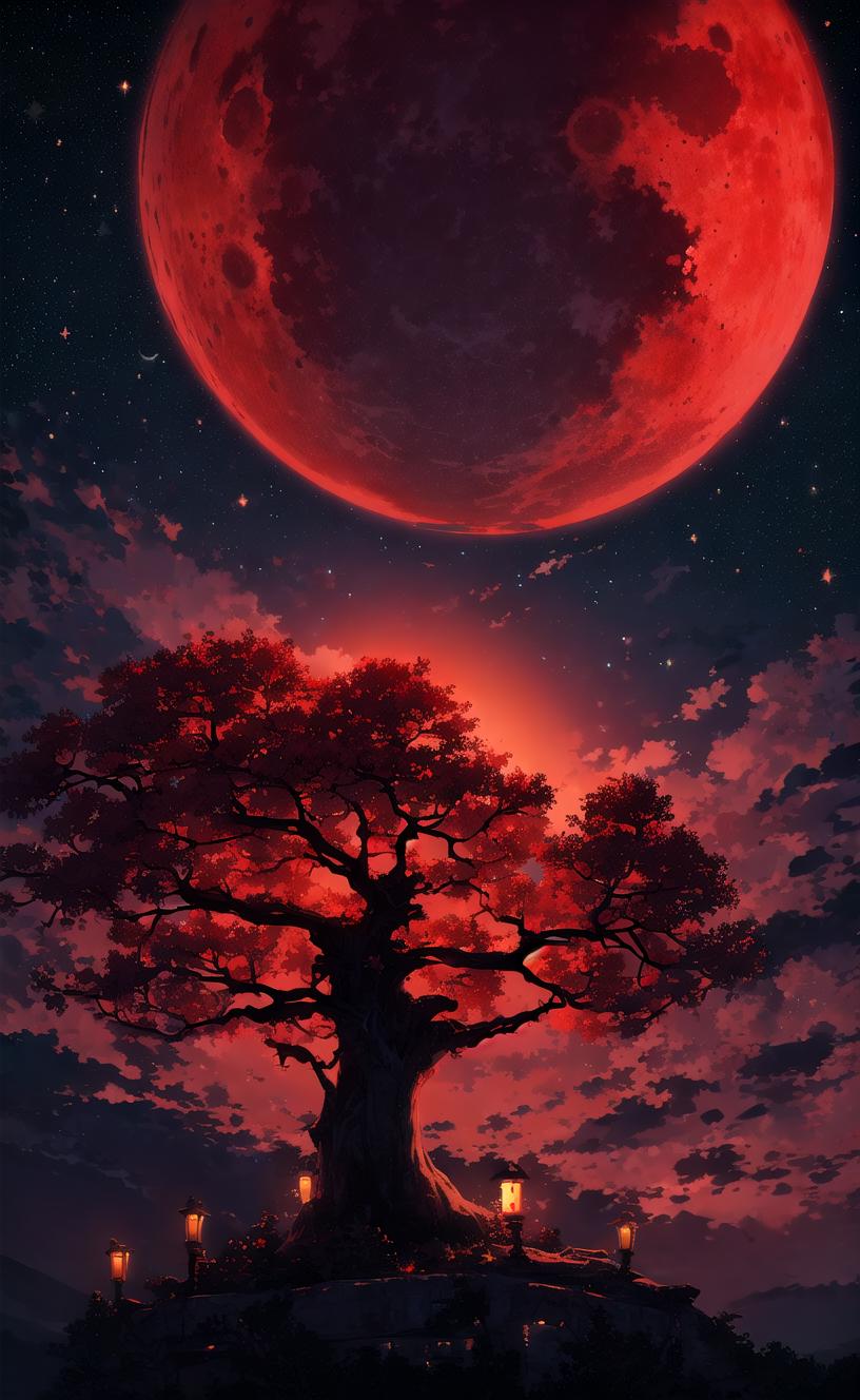 A red moon is shining over a tree with candles - SeaArt AI
