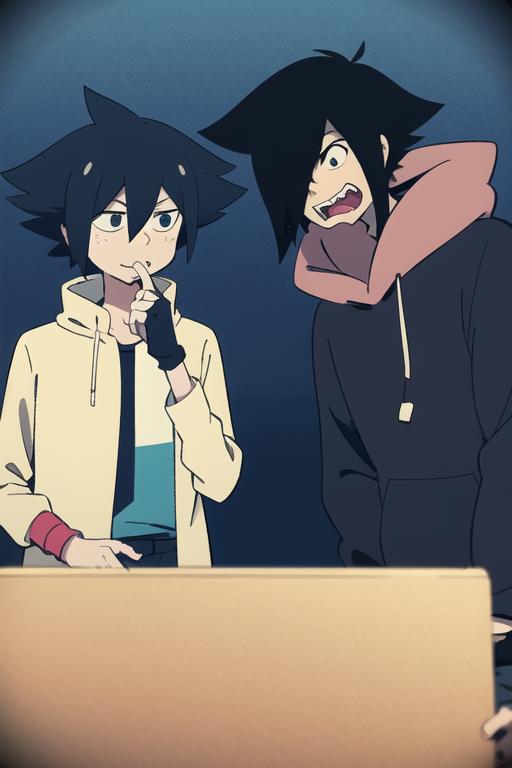 Anime characters are standing in front of a laptop computer - SeaArt AI