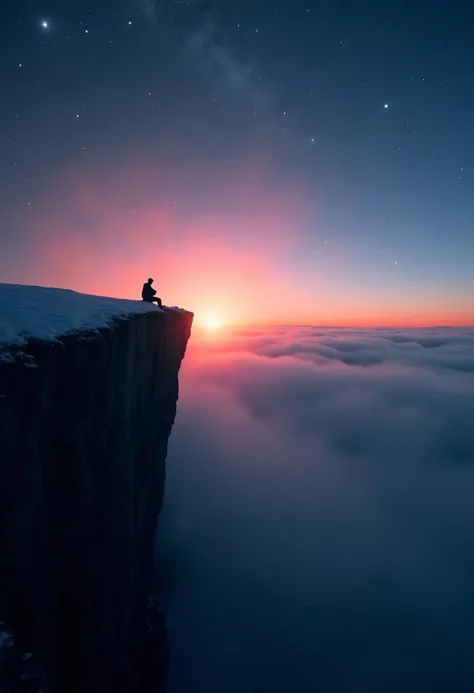 A person sitting on a cliff looking at the sunset - SeaArt AI