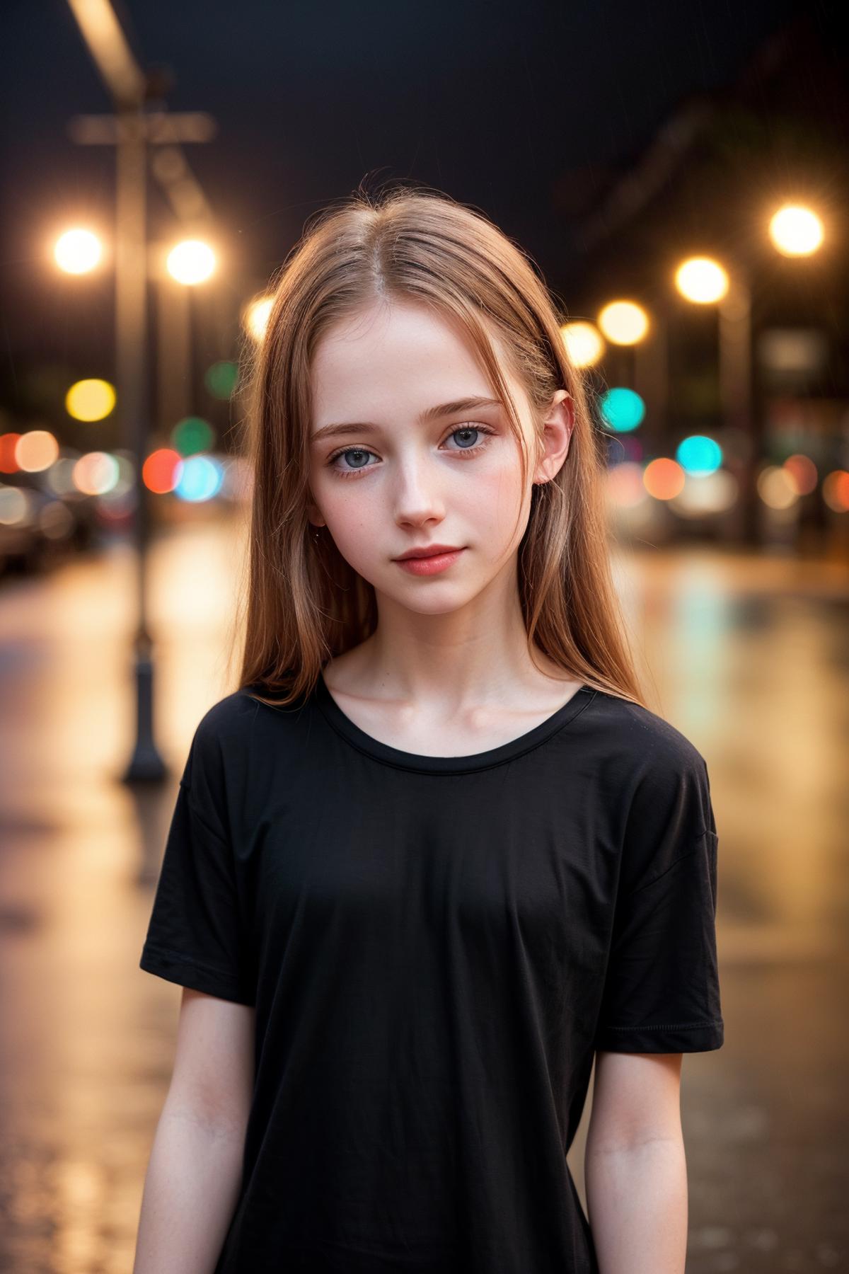 A close up of a young girl standing on a wet street - SeaArt AI