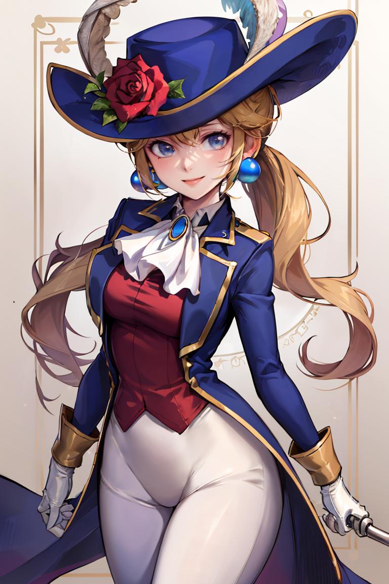 A woman in a blue hat and red dress holding a sword - SeaArt AI