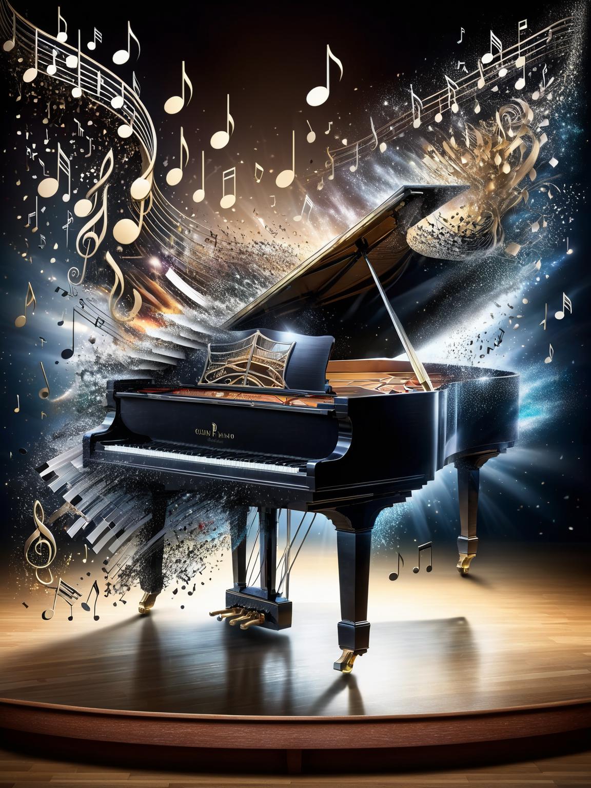 A close up of a grand piano with musical notes on a stage - SeaArt AI
