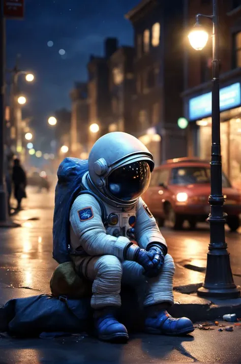 Arafed astronaut sitting on the ground in the middle of the street ...