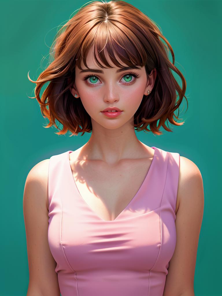 A woman with a pink dress and green eyes is posing for a picture - SeaArt AI