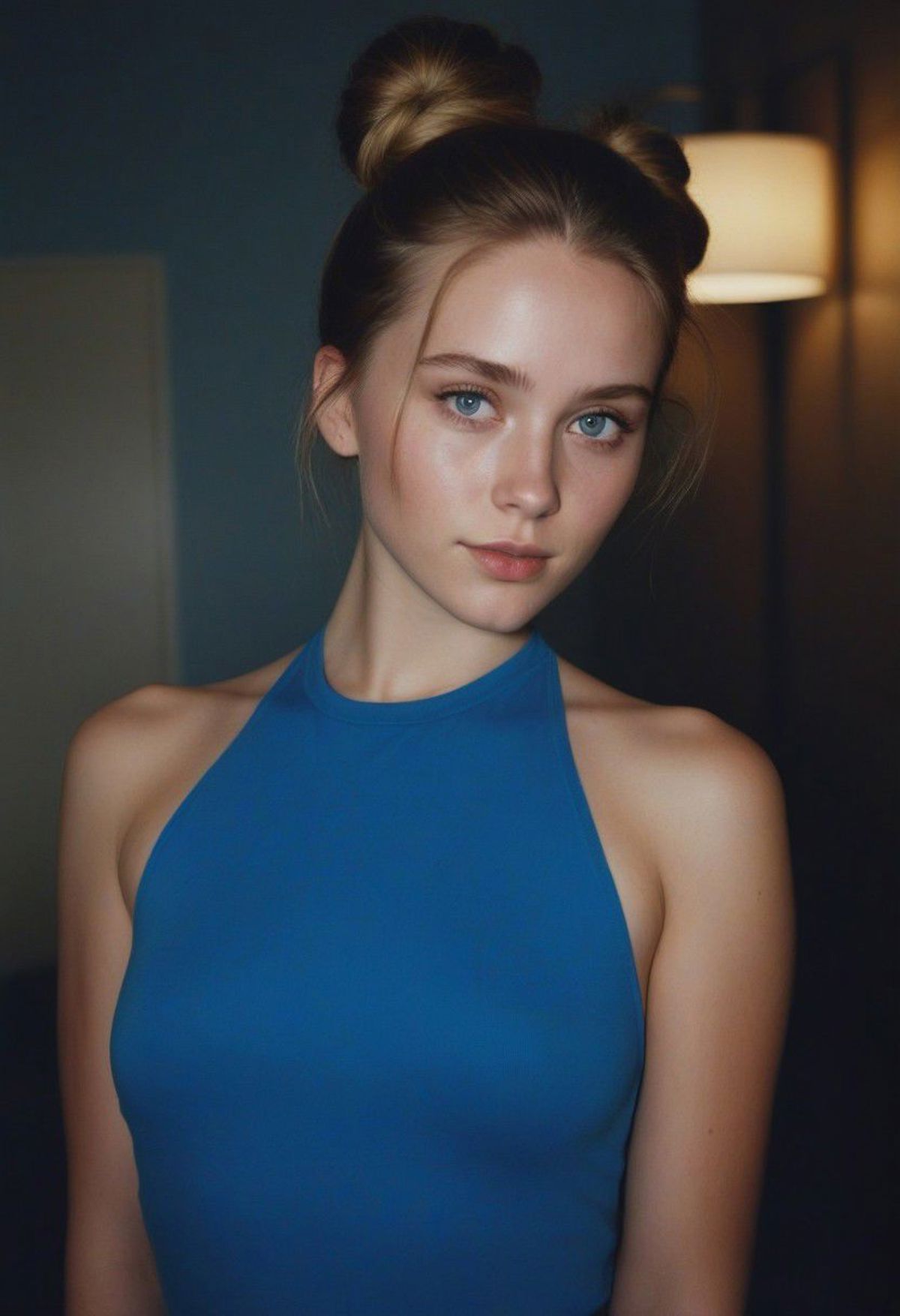 A woman in a blue dress standing in a dark room - SeaArt AI