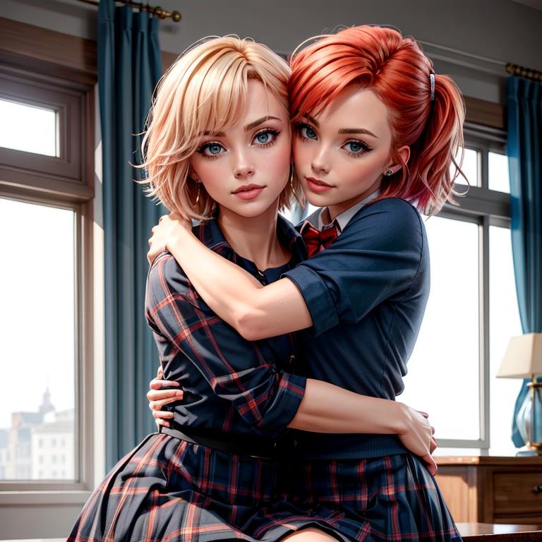 There are two women hugging each other in a room - SeaArt AI