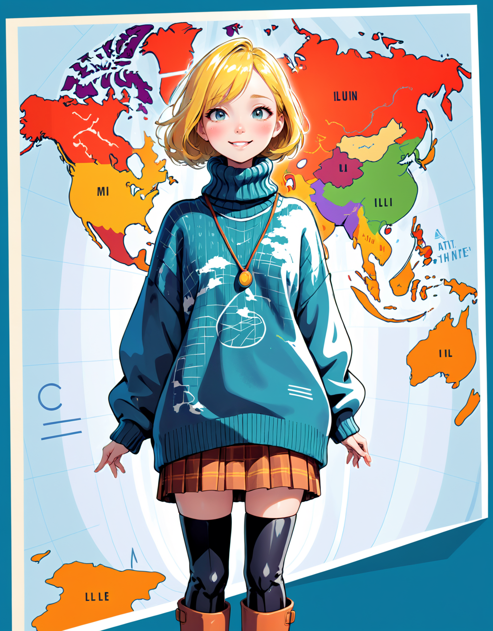 A cartoon picture of a woman standing in front of a map - SeaArt AI