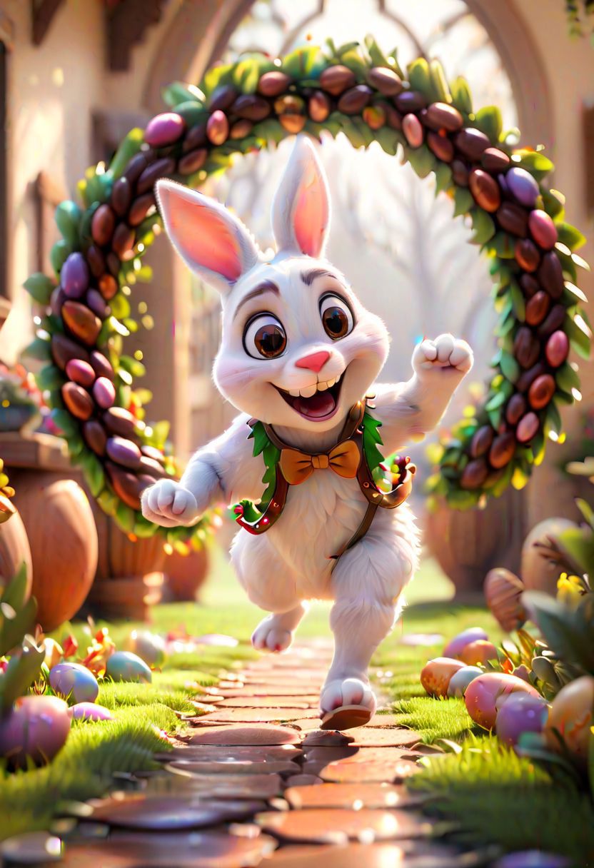 A close up of a rabbit running through a garden with easter eggs ...