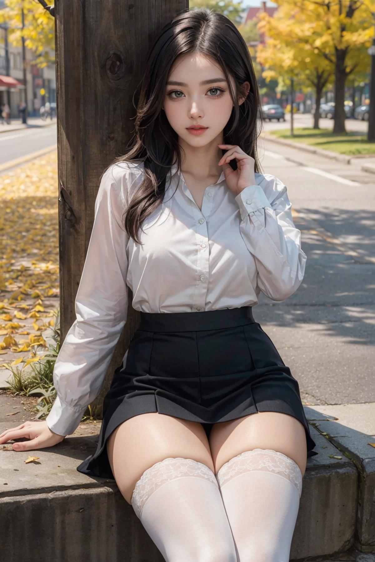 Araffe asian woman sitting on a ledge in a skirt and shirt - SeaArt AI