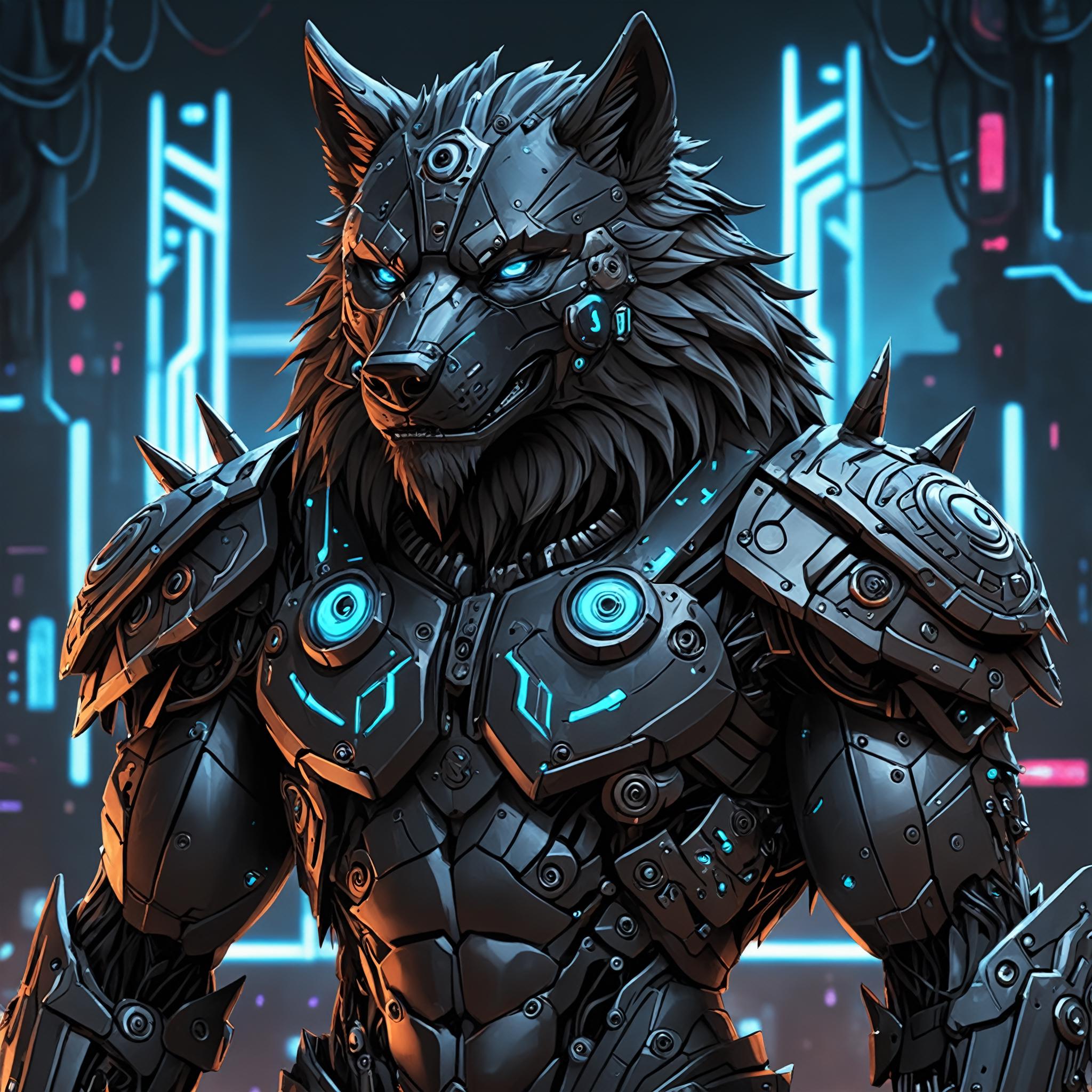 A close up of a robot wolf with a sword in his hand - SeaArt AI