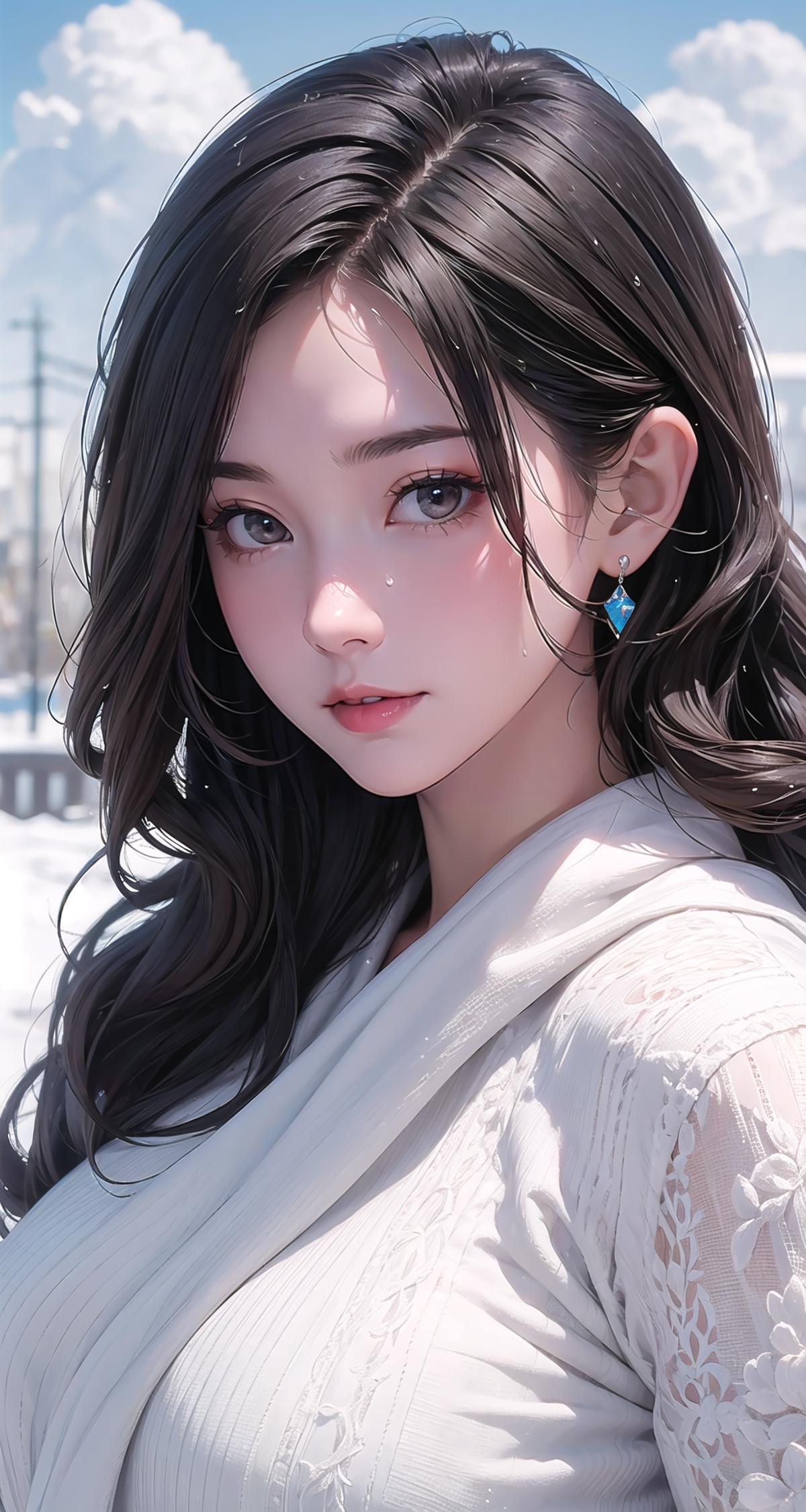 A close up of a woman with long hair wearing a white top - SeaArt AI