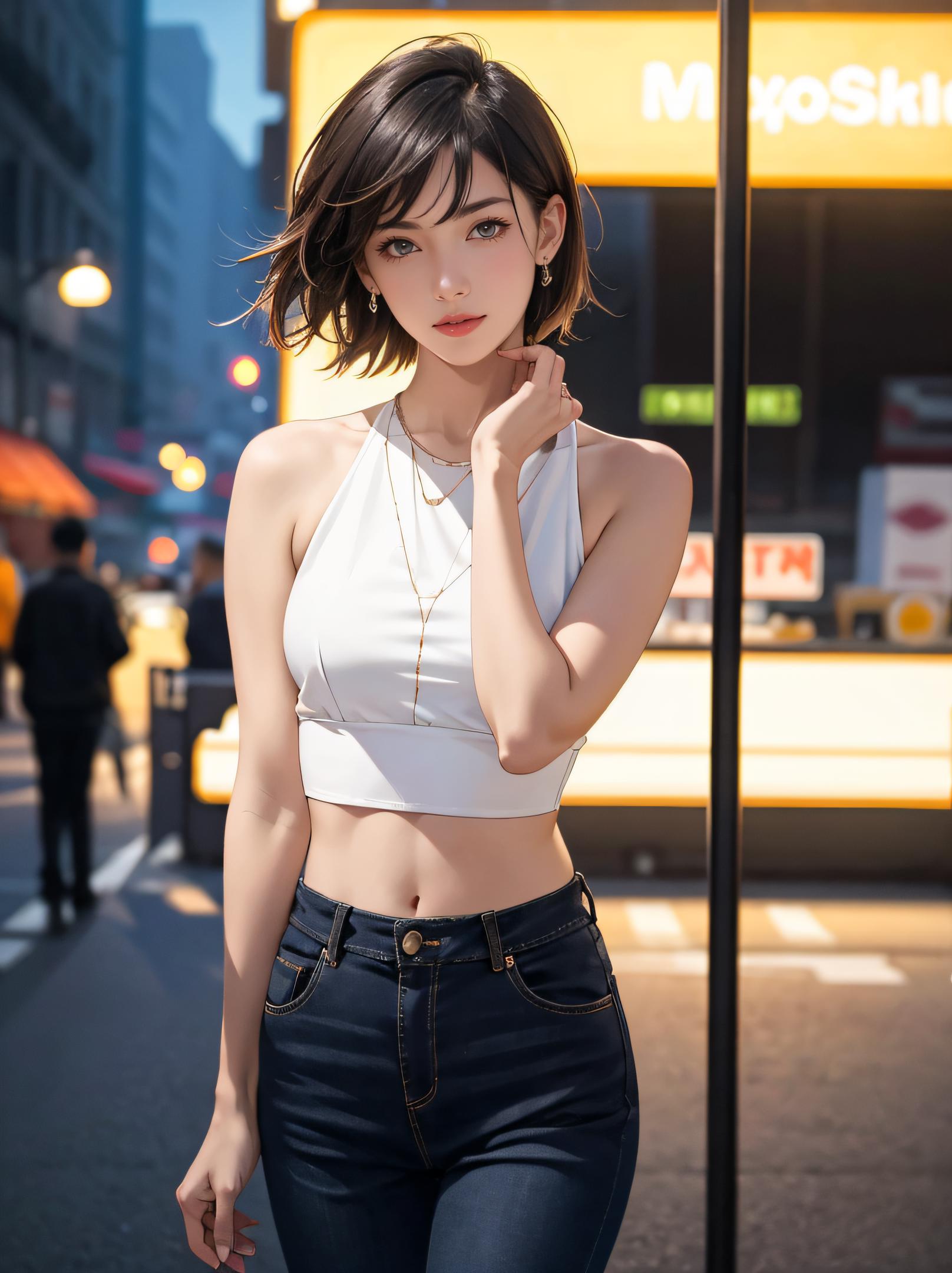 A woman in a white top and jeans standing on a city street - SeaArt AI