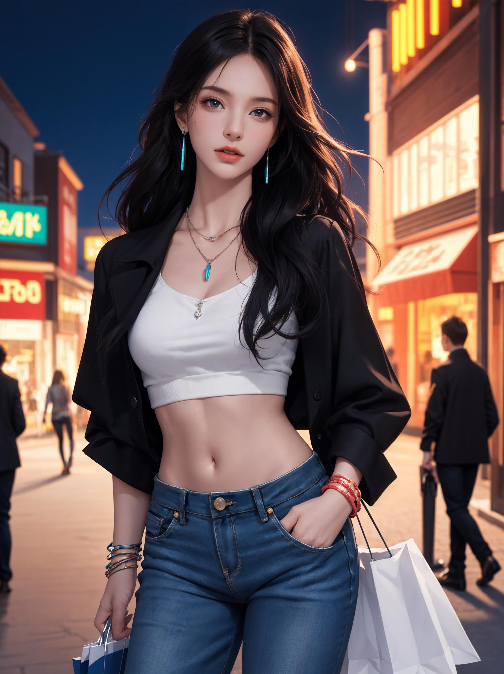 A woman in jeans and a white top standing on a street - SeaArt AI