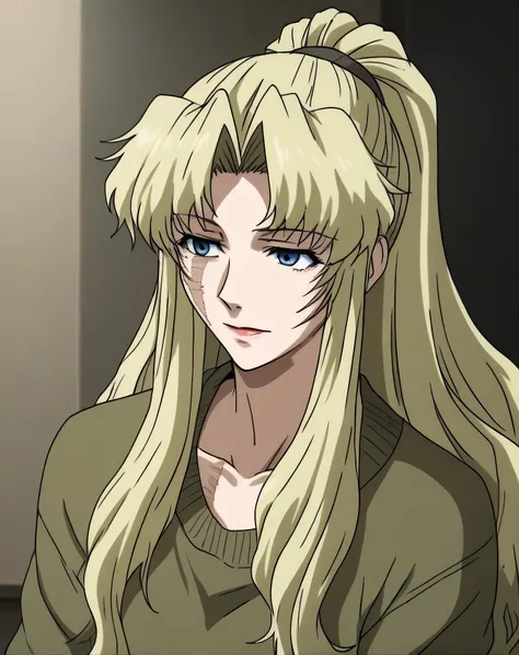 A woman with long blonde hair and blue eyes in a green sweater - SeaArt AI