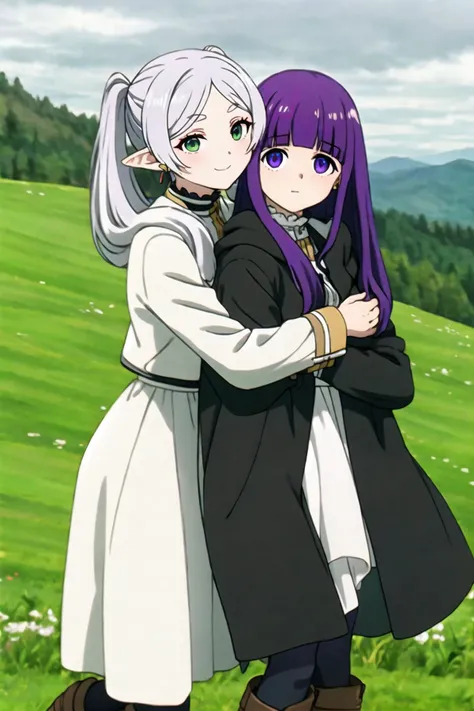Two anime characters hugging each other in a field - SeaArt AI