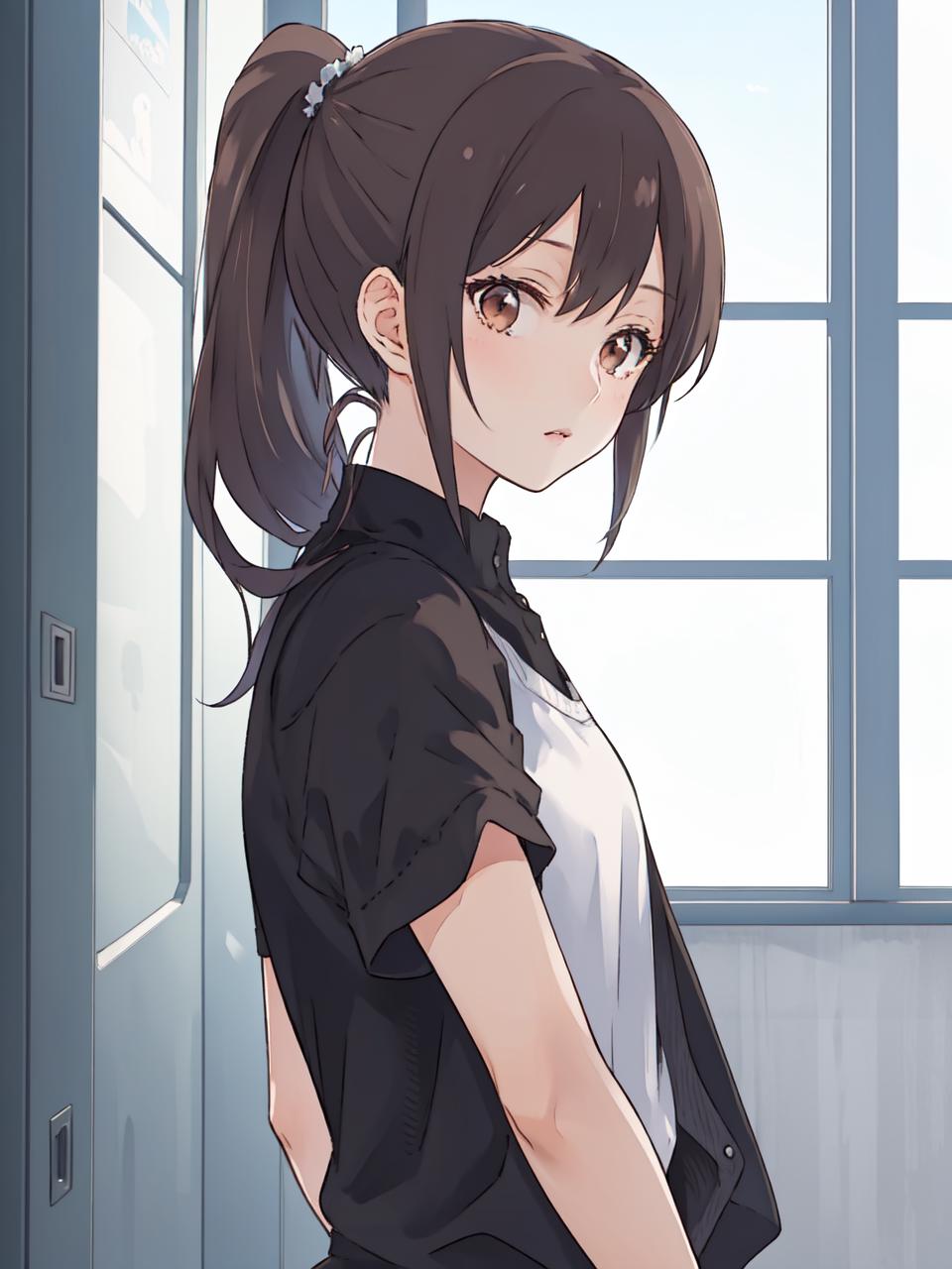 Anime girl with ponytail hair standing in front of a window - SeaArt AI