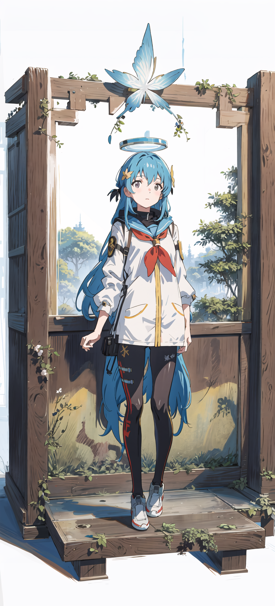 Anime character standing in a wooden structure with a bird on top ...