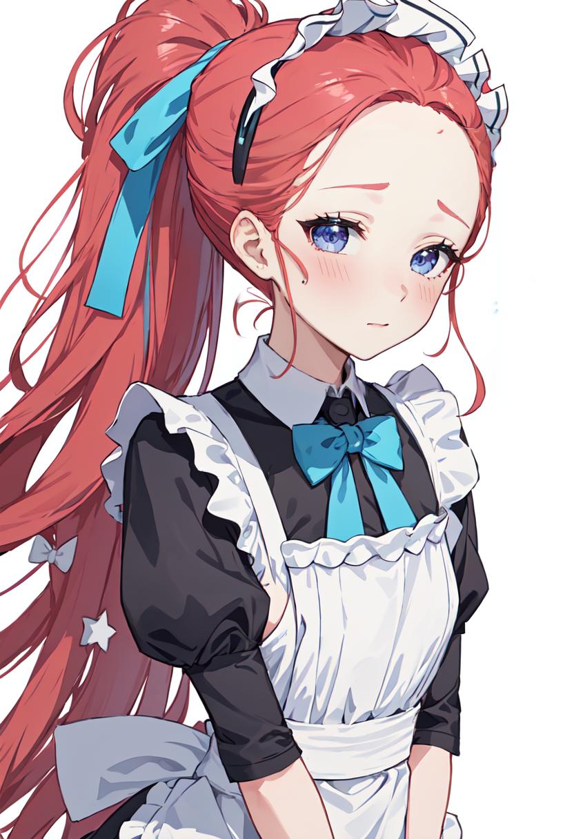 Anime girl with red hair and blue eyes in a maid outfit - SeaArt AI