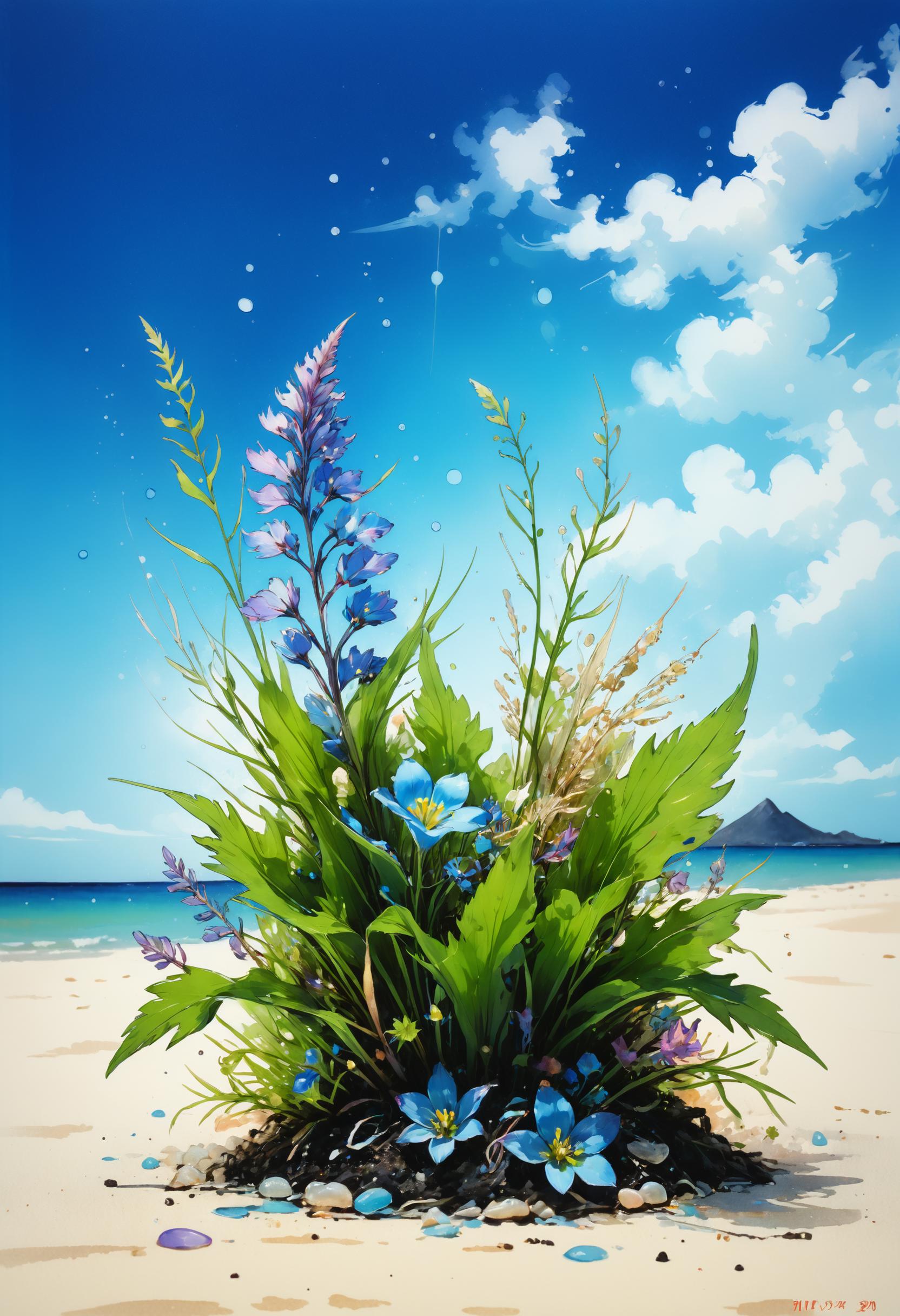 A painting of a bunch of flowers on a beach - SeaArt AI
