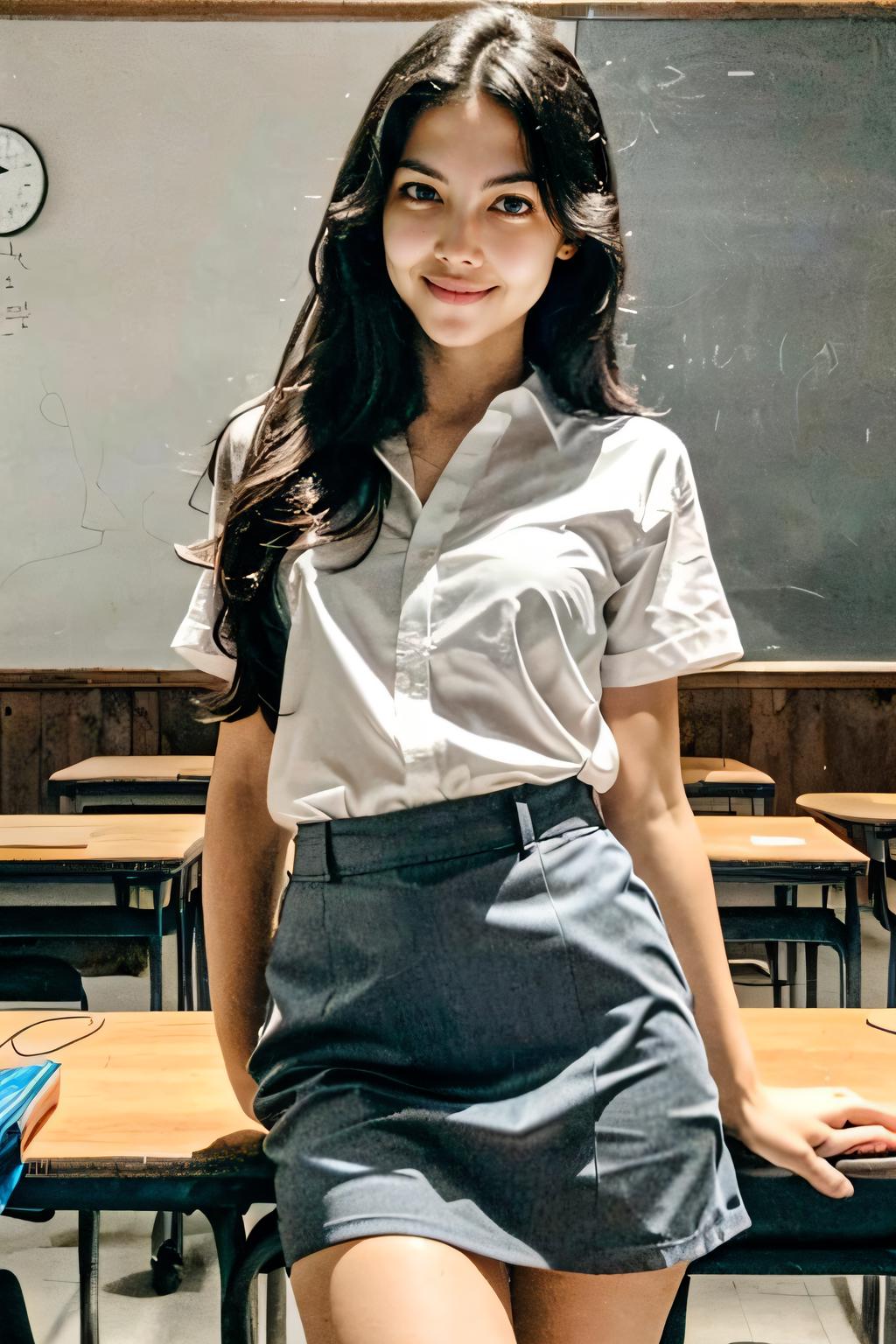 Arafed asian woman in a skirt and shirt posing in a classroom - SeaArt AI