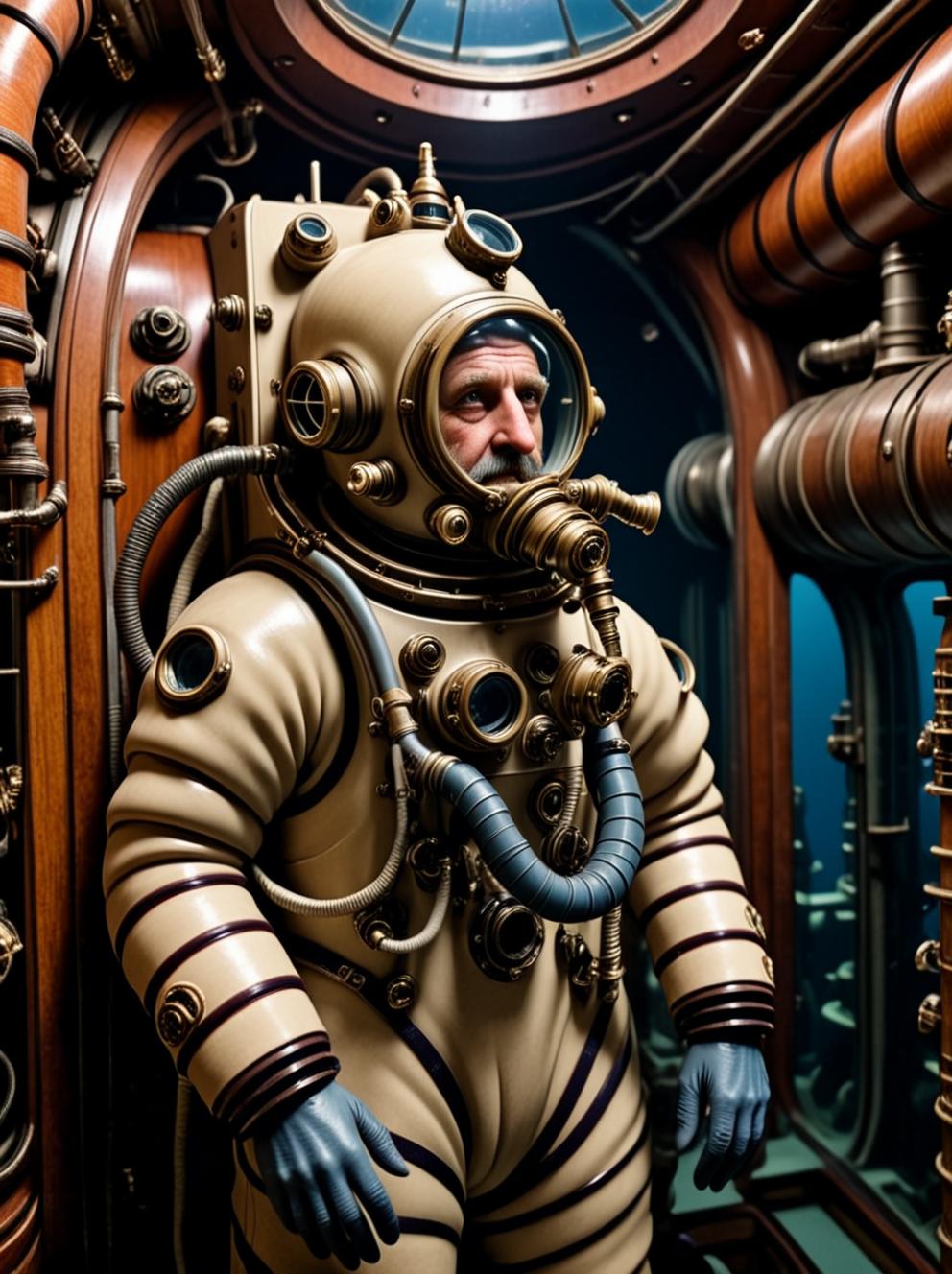 Arafed man in a diving suit standing in a room with pipes - SeaArt AI