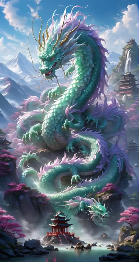 A dragon is sitting on a rock in front of a lake - SeaArt AI