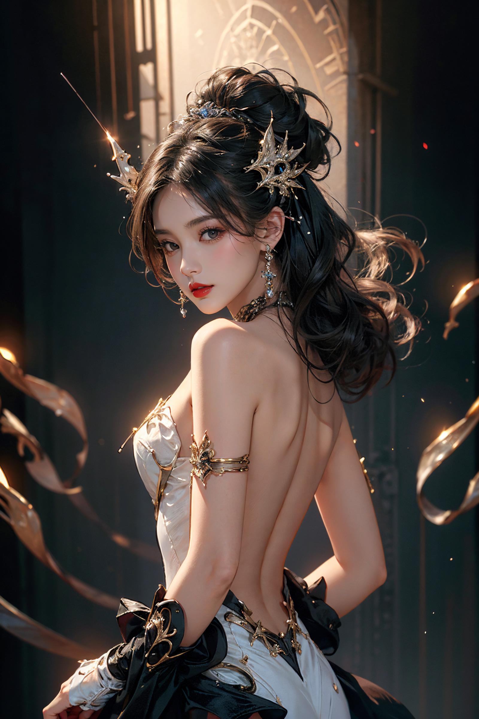 A woman in a white dress with a gold crown on her head - SeaArt AI