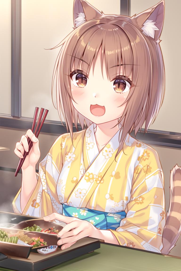 Anime girl in kimono outfit eating a meal with chopsticks - SeaArt AI