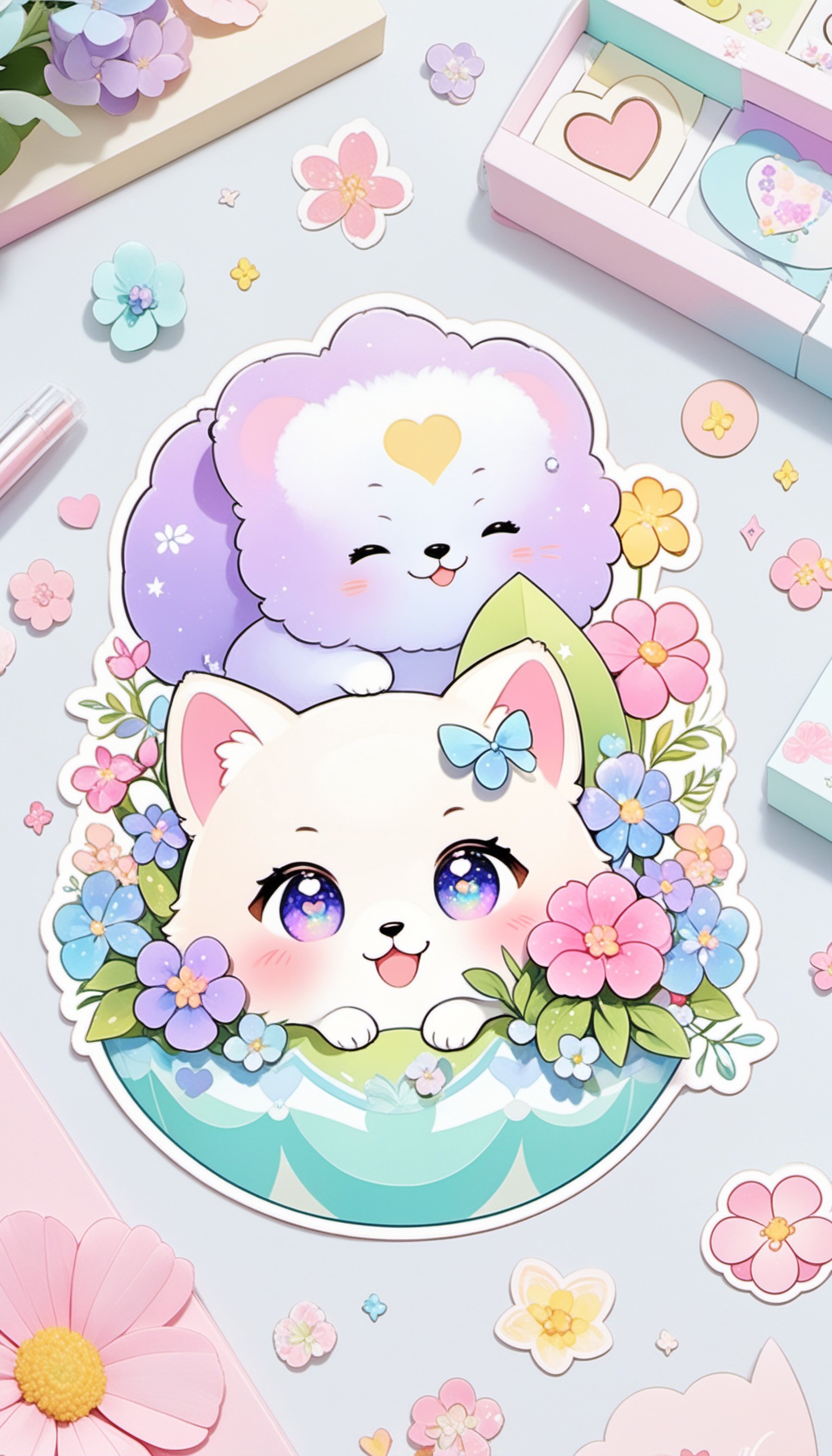 There is a picture of a cat and a bear on a table - SeaArt AI