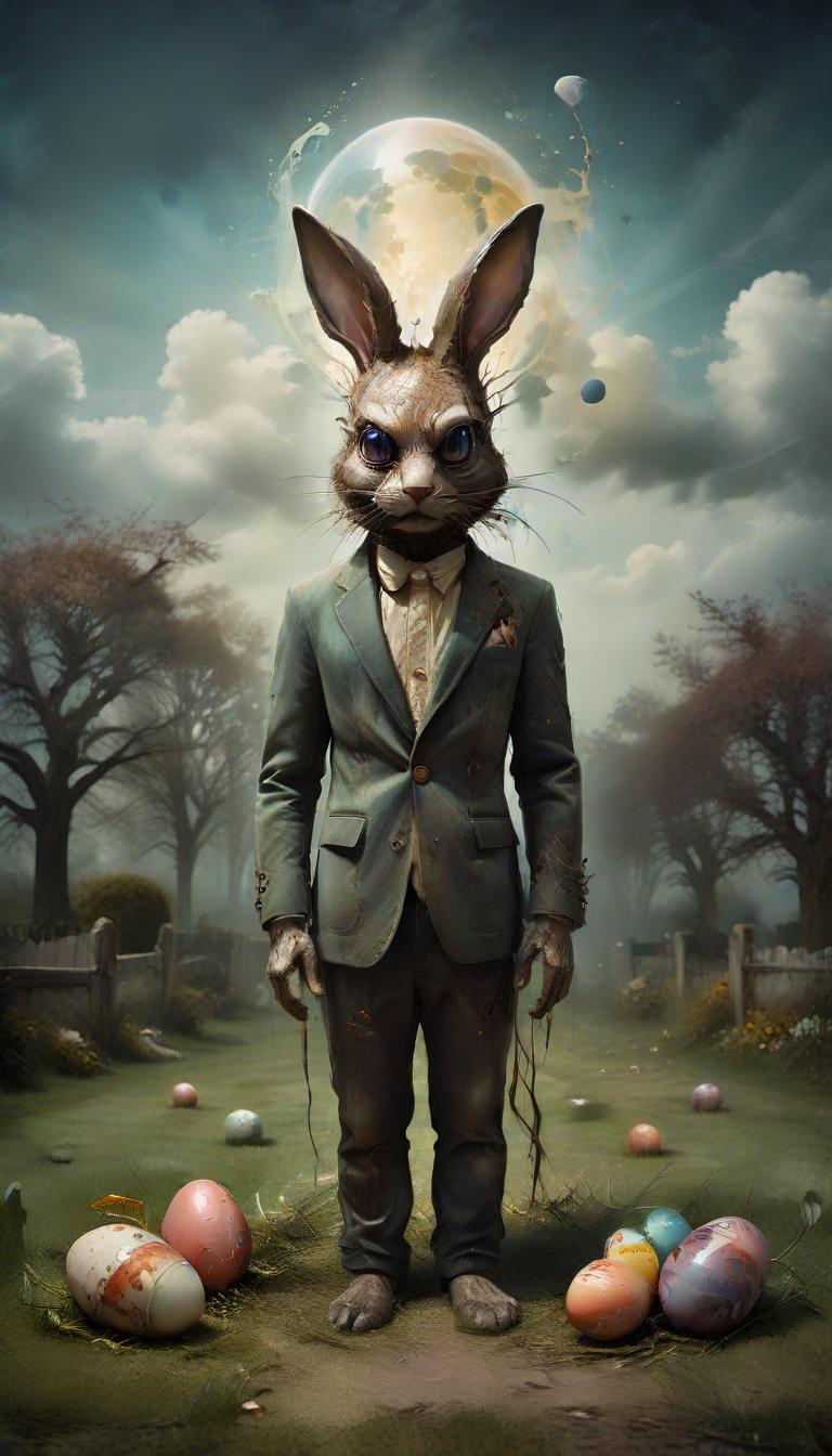 A painting of a rabbit dressed in a suit and tie standing in a field ...