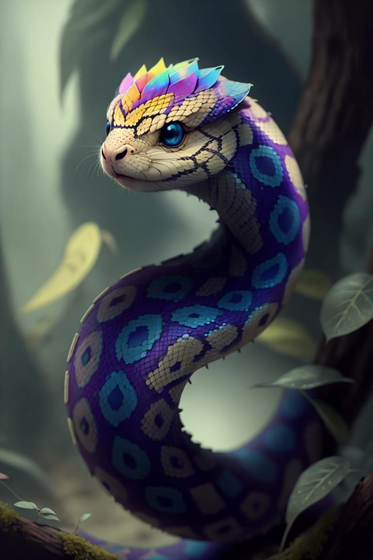 A close up of a snake with a colorful head on a tree branch - SeaArt AI