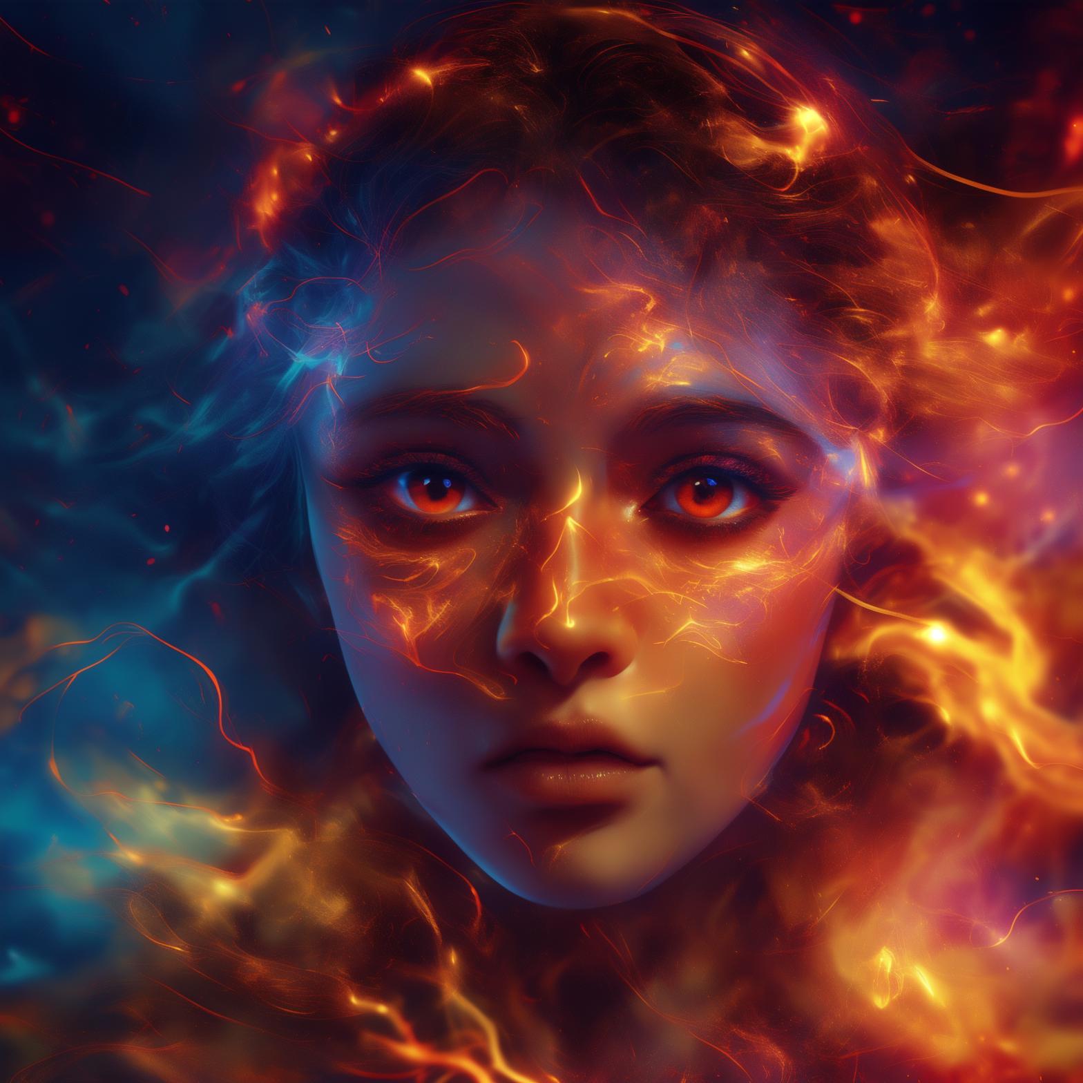 A woman with a fire face and a glowing hair - SeaArt AI