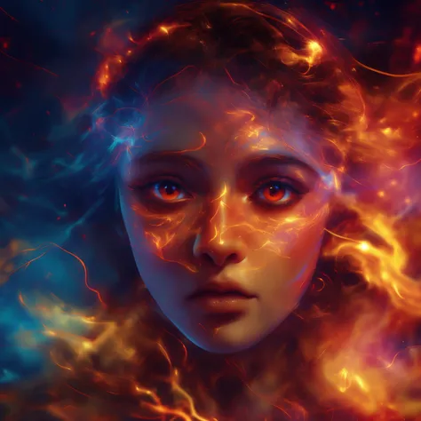 A woman with a fire face and a glowing hair - SeaArt AI