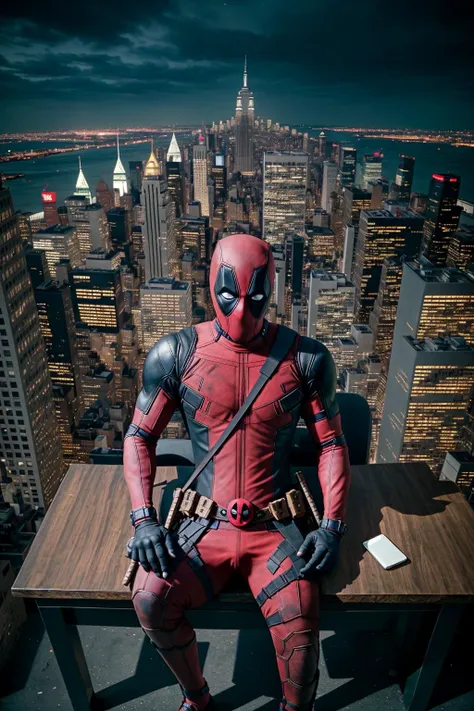 Arafed deadpool sitting on a table in front of a city skyline - SeaArt AI
