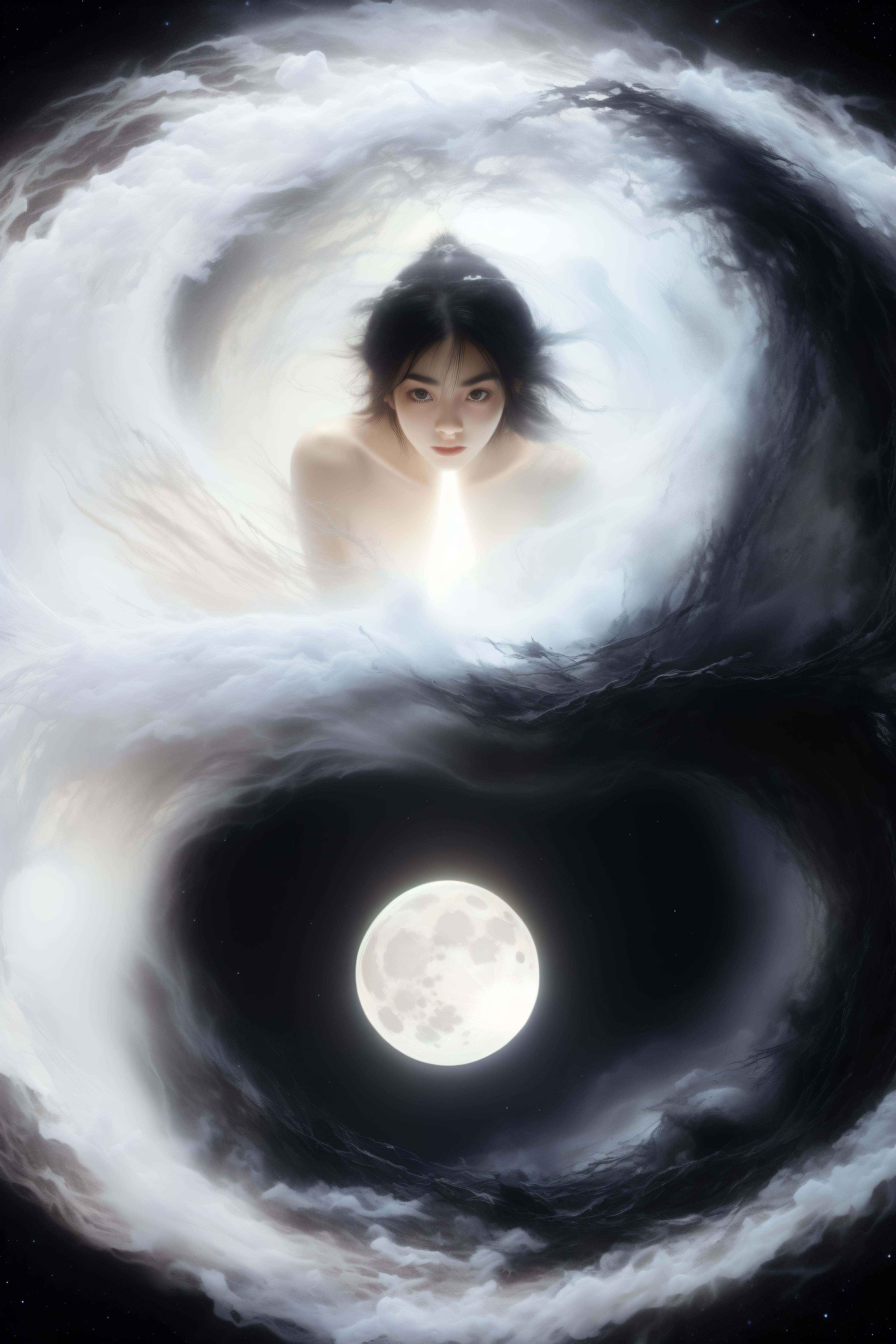 A woman is standing in a spiral vortex with a full moon in the ...
