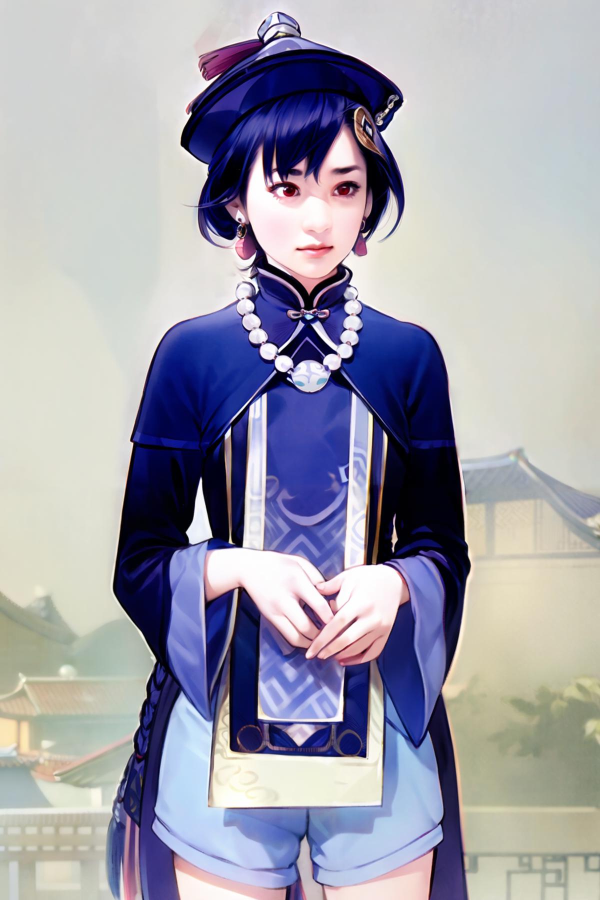 Anime girl in blue outfit with a hat and blue jacket - SeaArt AI