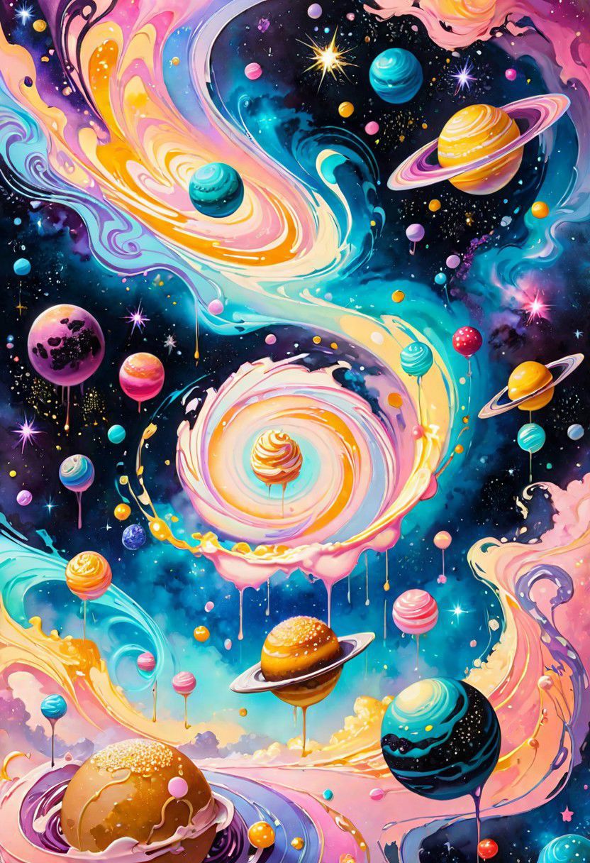 A painting of a space scene with planets and a spiral - SeaArt AI