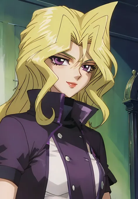 A close up of a woman with blonde hair and a purple shirt - SeaArt AI