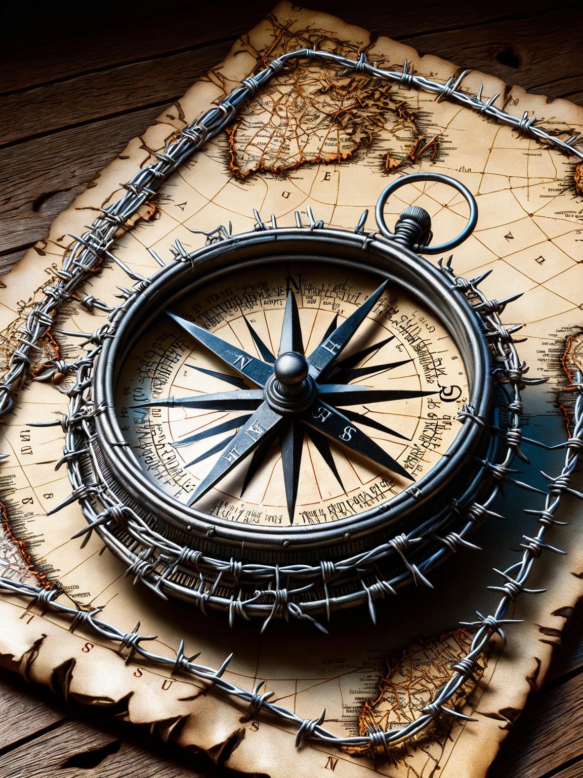 Compass on a map with barbed wire around it - SeaArt AI