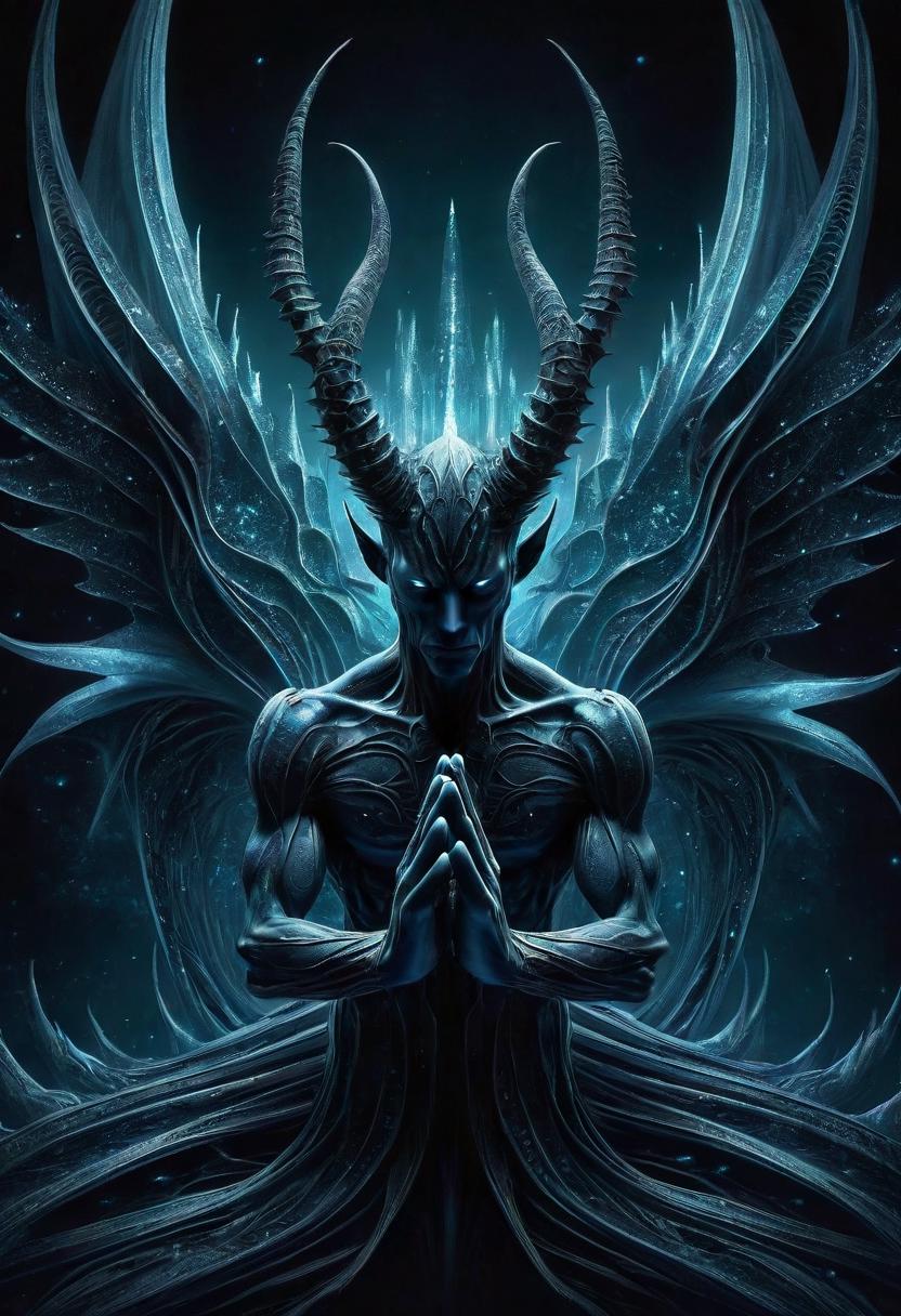 A dark blue demon with horns and long hair - SeaArt AI