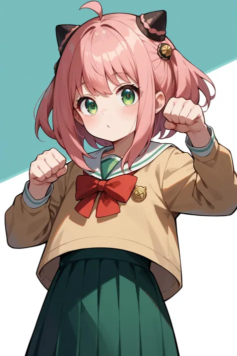 Anime girl with pink hair and green eyes in a green dress - SeaArt AI