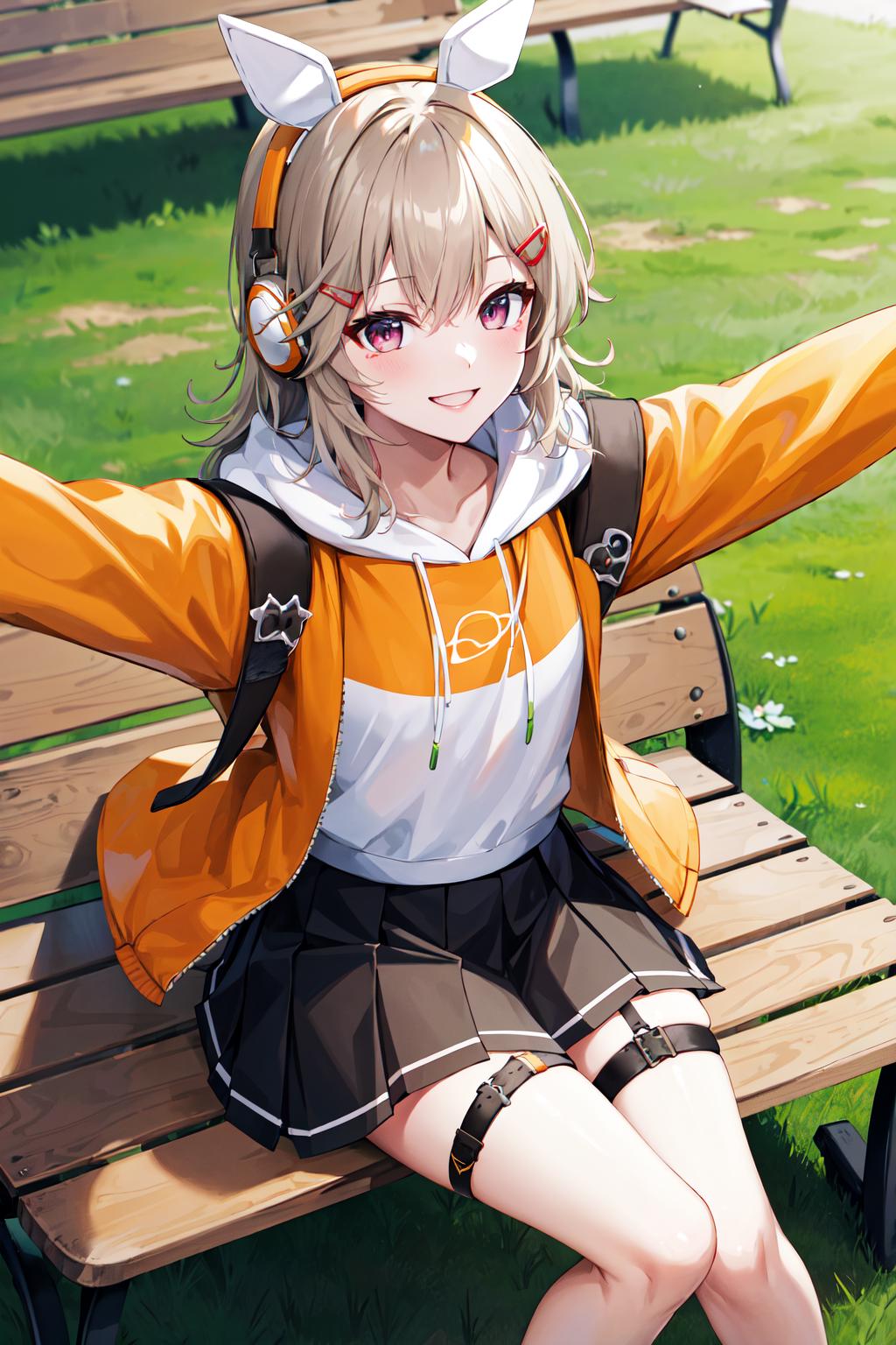 Anime girl sitting on a bench with her arms outstretched - SeaArt AI