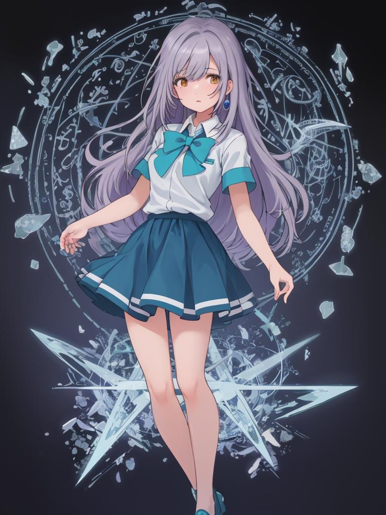 A girl in a short skirt and a white shirt is standing in front of a circular object - SeaArt AI