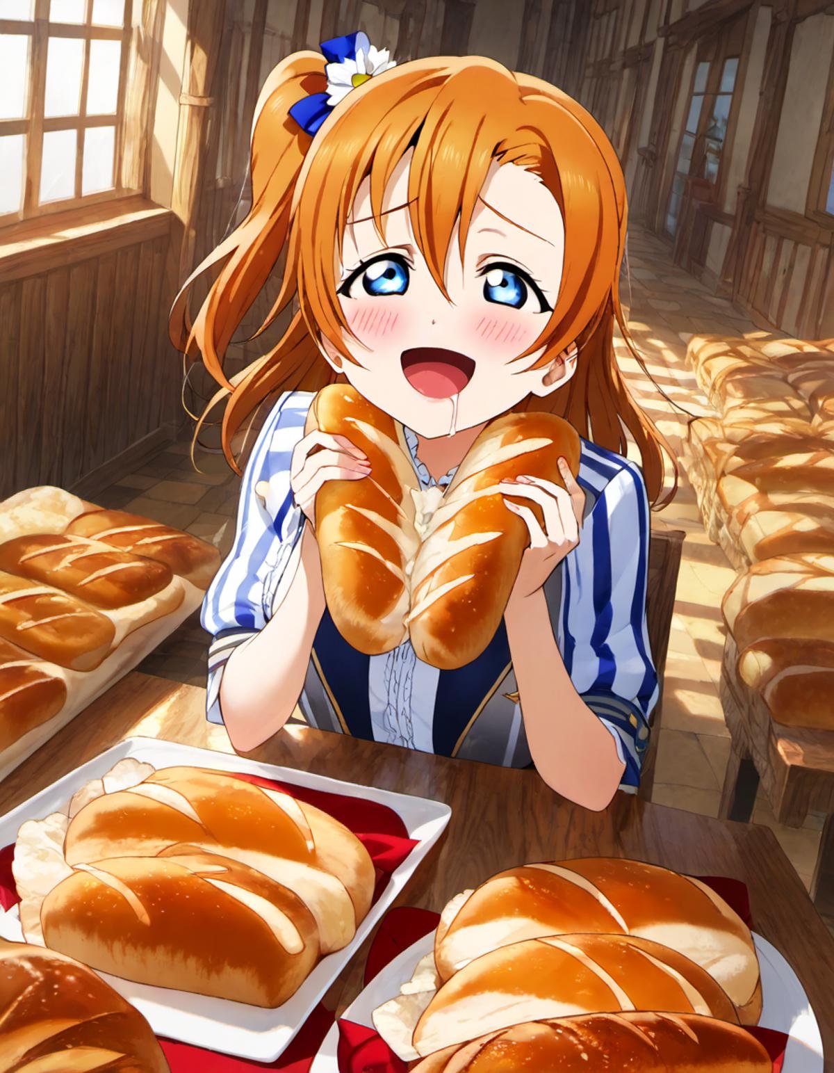 Anime girl holding a loaf of bread in front of a table - SeaArt AI
